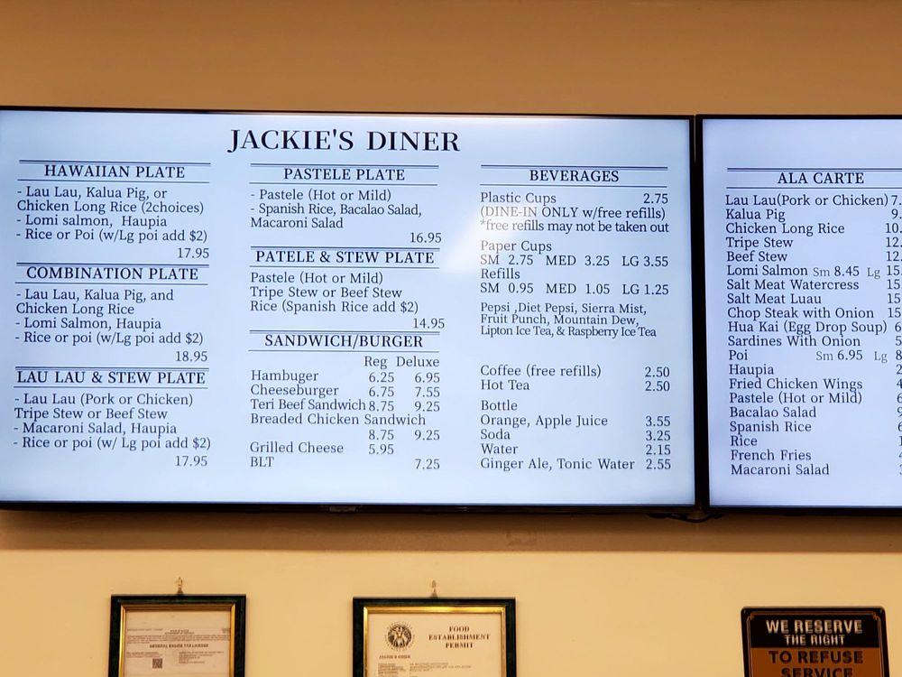 Menu at Jackie's Diner restaurant, Aiea