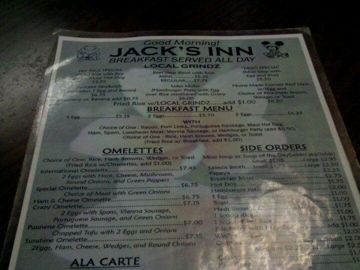 Menu at Jack's Inn restaurant, Kahului