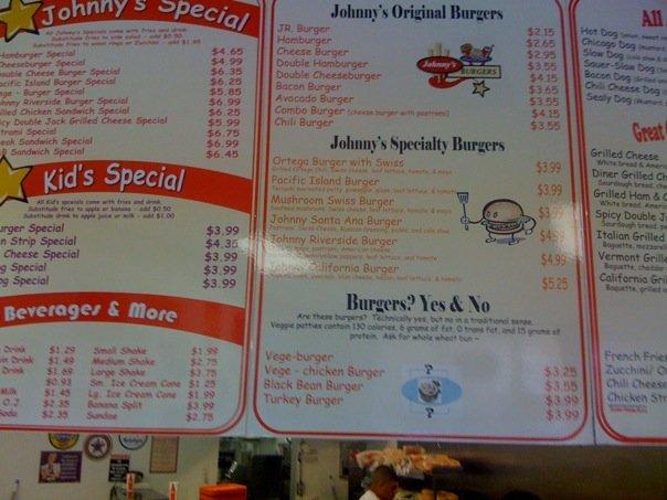 Menu at Johnny's Burgers restaurant, Riverside, Madison St