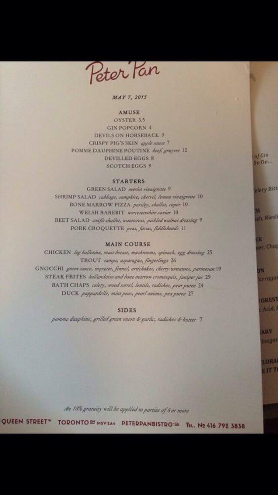 Menu at Peter Pan Bistro restaurant, Toronto