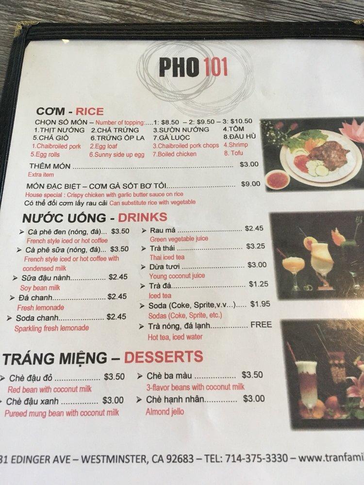 Menu at Pho 101 restaurant, Westminster, Edinger Ave