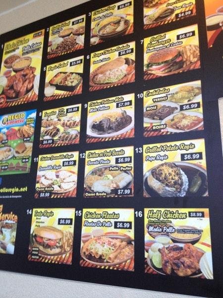 Menu at Pollo Regio restaurant, McKinney