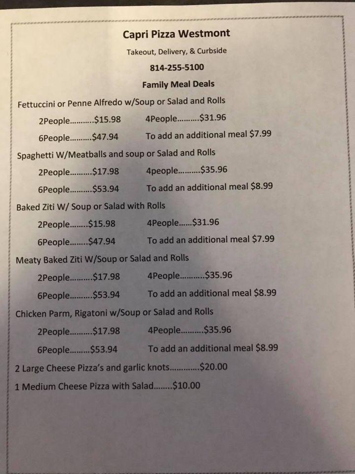 Menu at Capri Pizza Westmont pizzeria, Johnstown, Minno Dr Suite 220