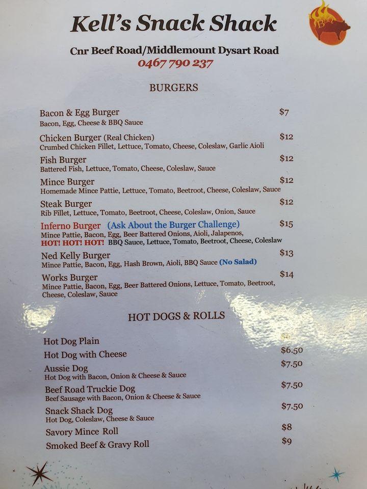 Menu at Kell's Snack Shack cafe, Middlemount, Cnr Beef Road and ...
