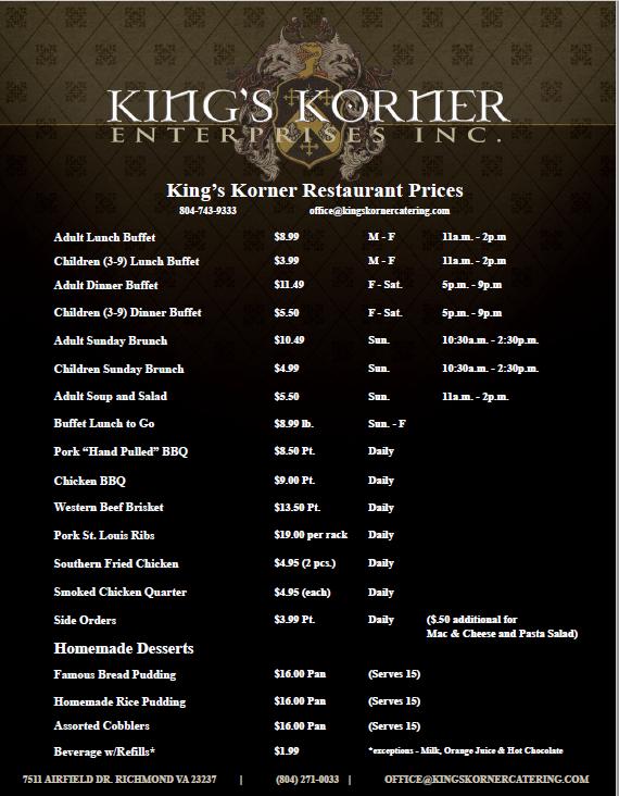 Menu at King's Korner Catering and Restaurant, Richmond