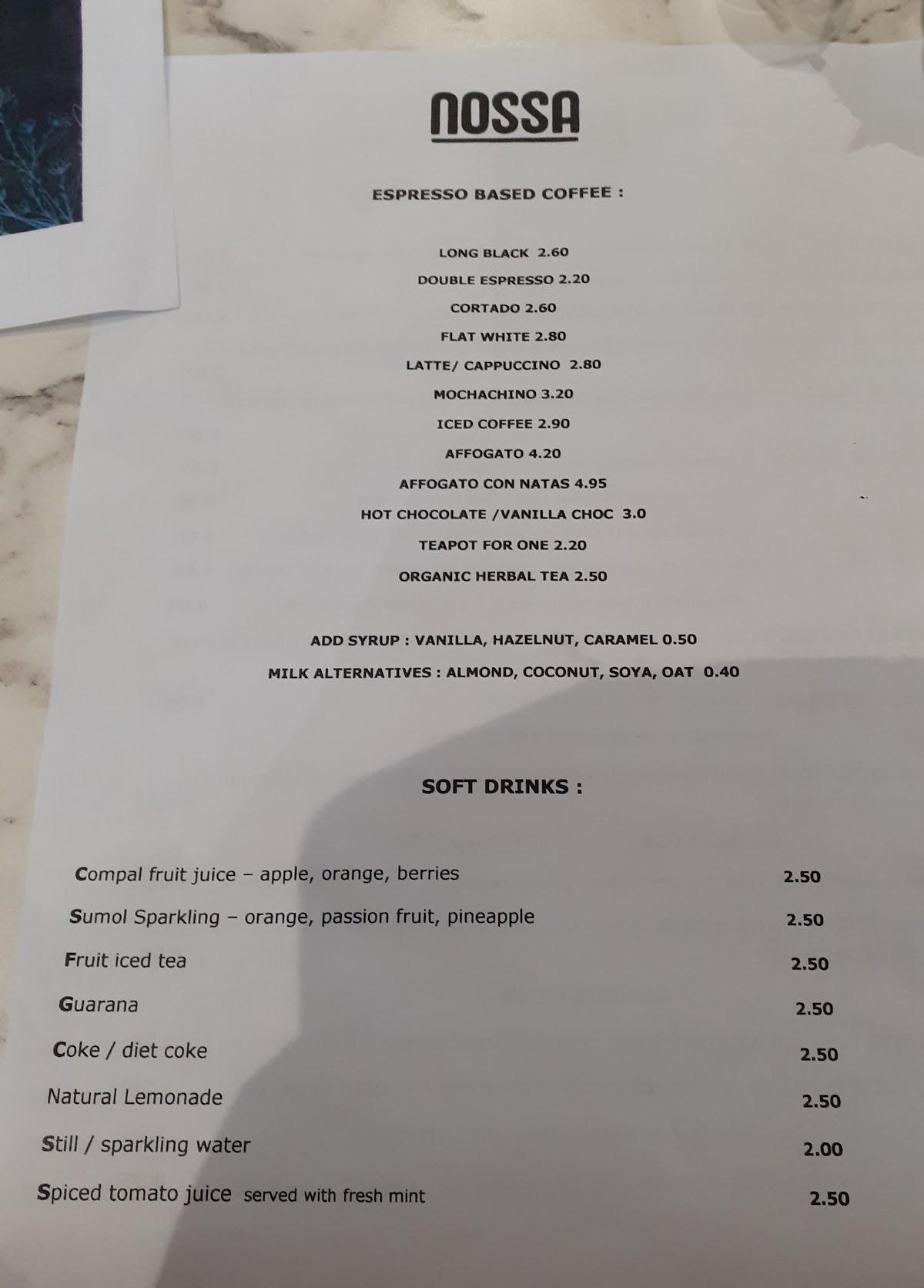 Menu at Nossa cafe, Yarm