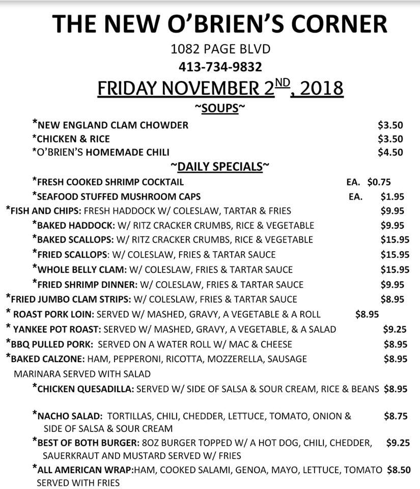 Menu at O'Brien's Corner pub & bar, Springfield