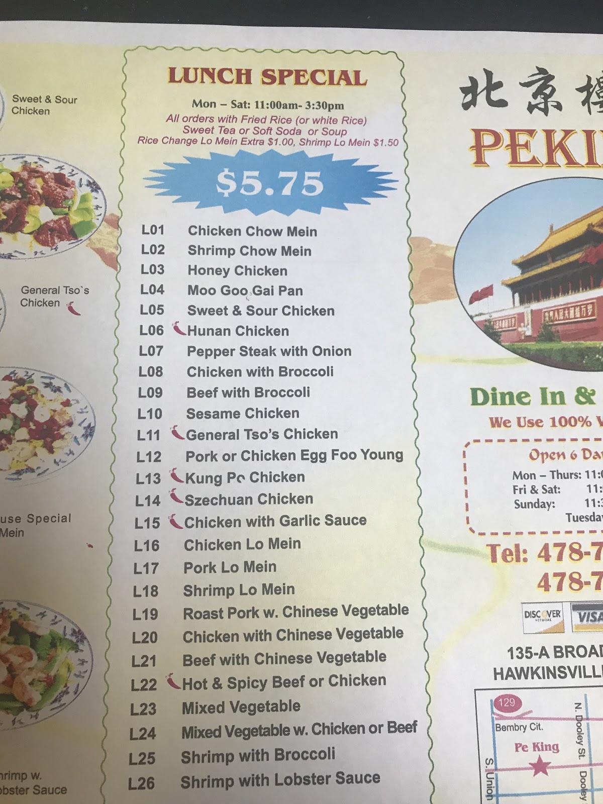 Menu at Peking restaurant, Hawkinsville