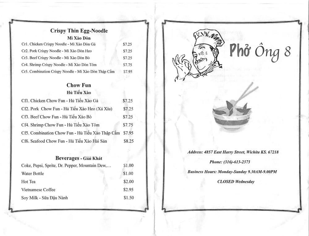 Menu at Pho Ong 8 restaurant, Wichita, E Harry St