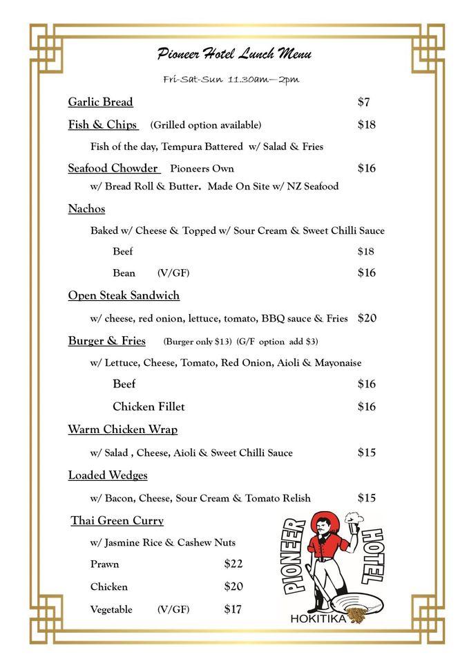 Menu at Pioneer Hotel Hokitika Hokitika pub & bar, Hokitika