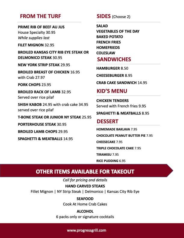 Menu at Progress Grill steakhouse, Harrisburg