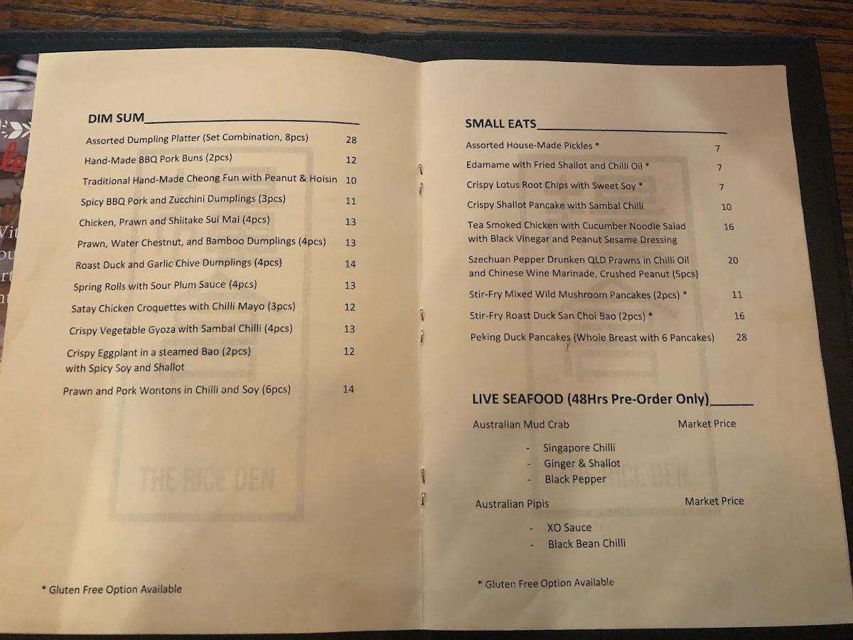 Menu at The Rice Den restaurant, St Leonards, 30-32 Chandos St
