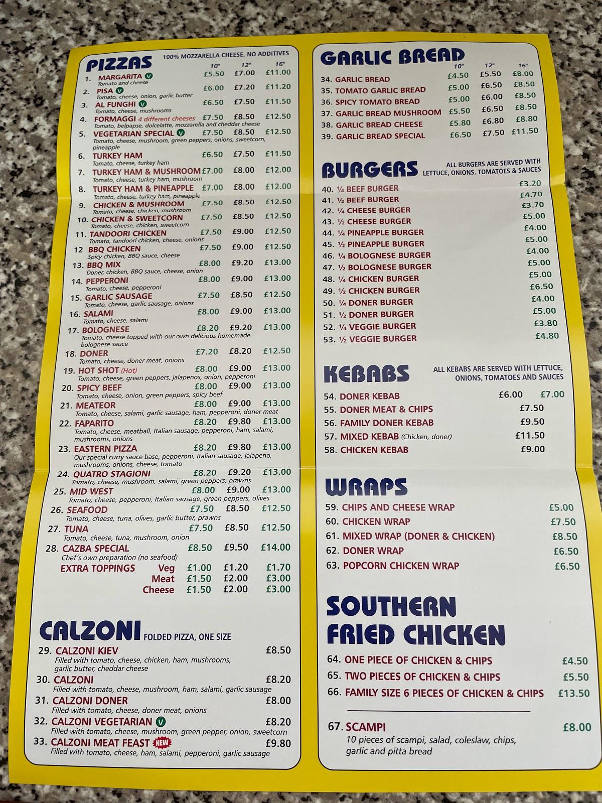 Menu at Cazba restaurant, Hull