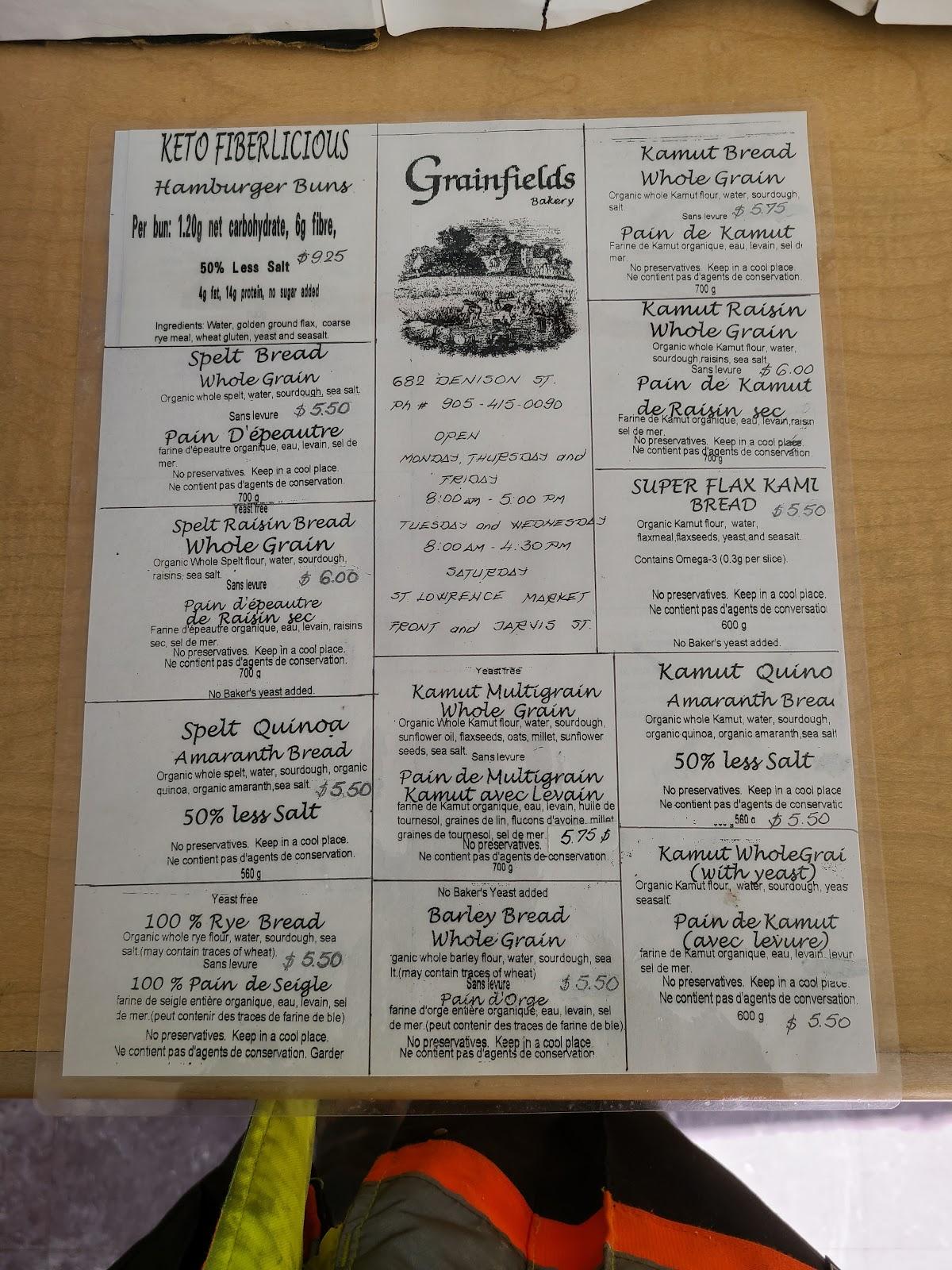 Carta de Grainfields Bakery, Markham