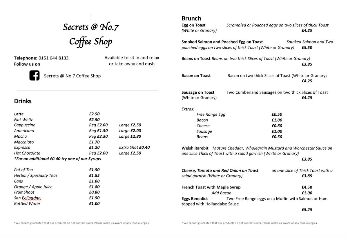 Menu at Secrets@No7 Coffee Shop cafe, Bebington