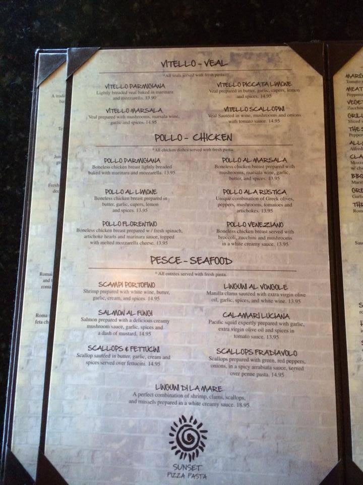 Menu at Sunset Pizza & Pasta pub & bar, Long Beach