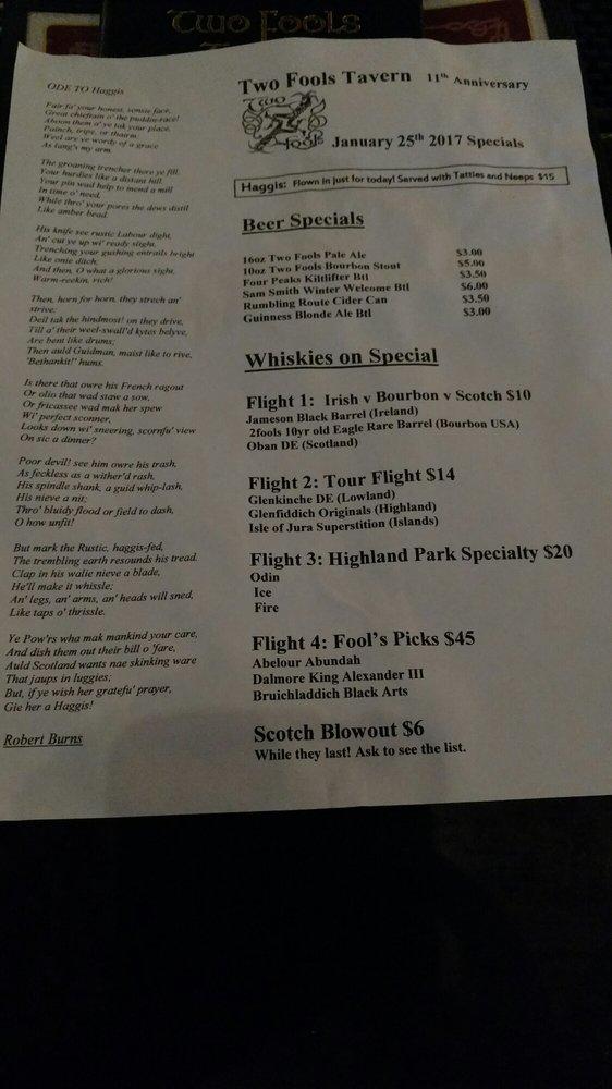 Menu at Two Fools Tavern pub & bar, Albuquerque