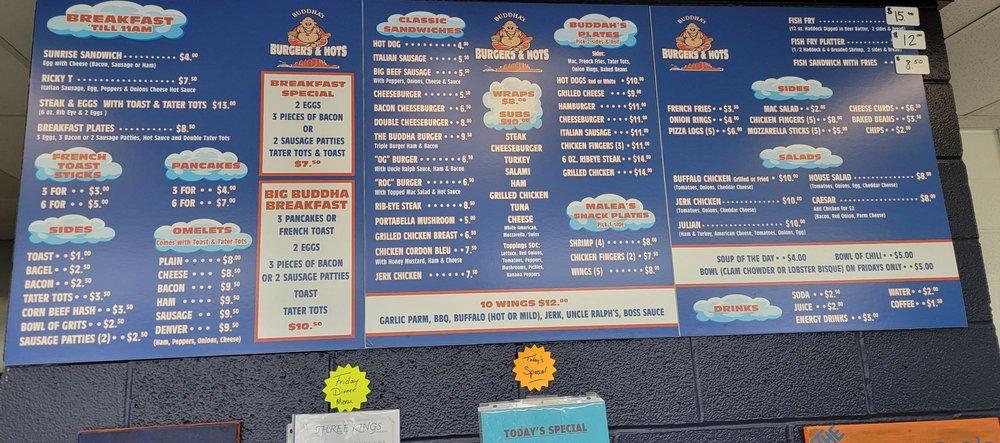 Menu at Buddha's Burgers & Hots fast food, Rochester
