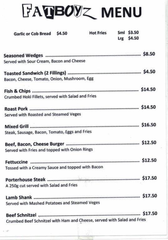 Menu at Fatboyz Bar, Levin