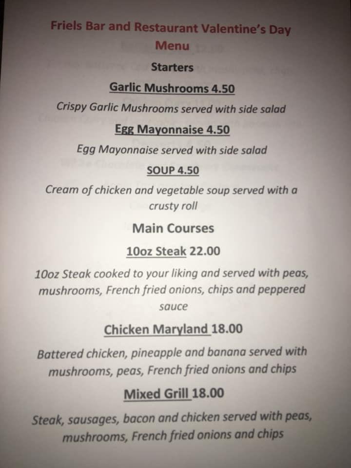Menu at Friel Restaurant, Raphoe