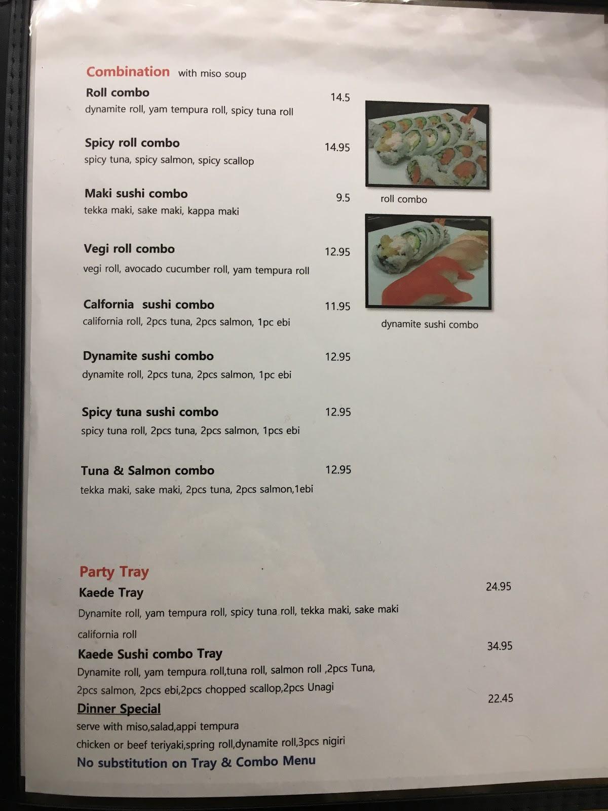 Menu at Kaede Sushi restaurant, Ladysmith