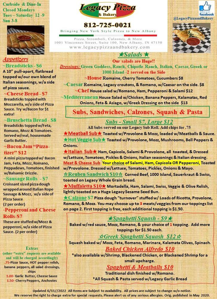 Menu at Legacy Pizza & Bakery, New Albany