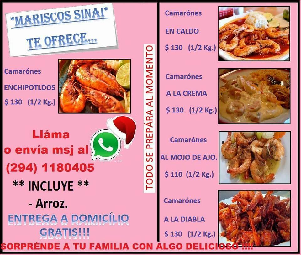 Menu at Mariscos "Sinai" restaurant, Catemaco