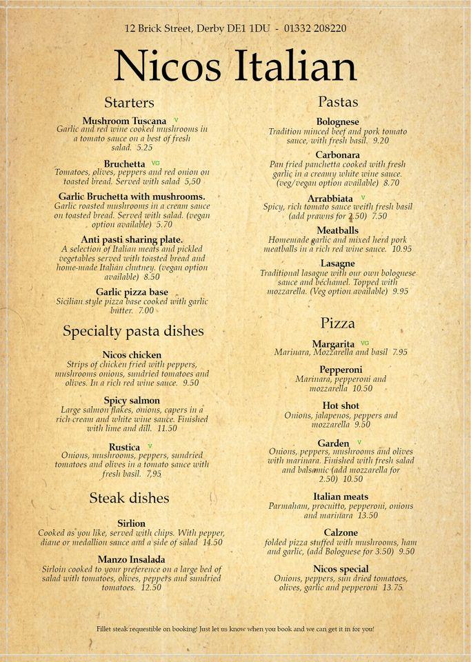 Menu at Nico's restaurant, Derby