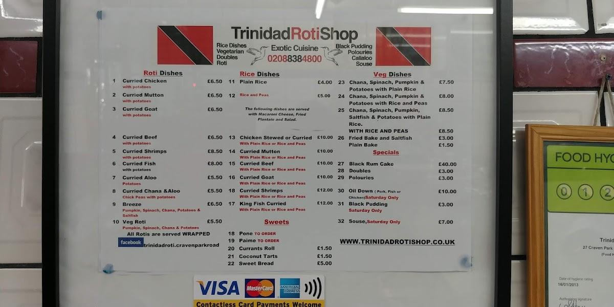 Menu at Trinidad Roti Shop restaurant, London, 27 Craven Park Rd