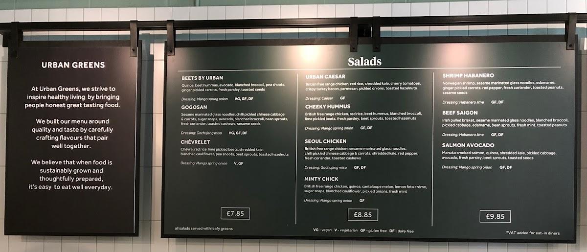 Menu at Urban Greens pub & bar, London, 20 Palmer St