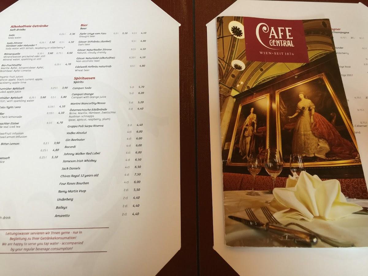 Menu at Café Central cafe, Vienna, Herrengasse 14