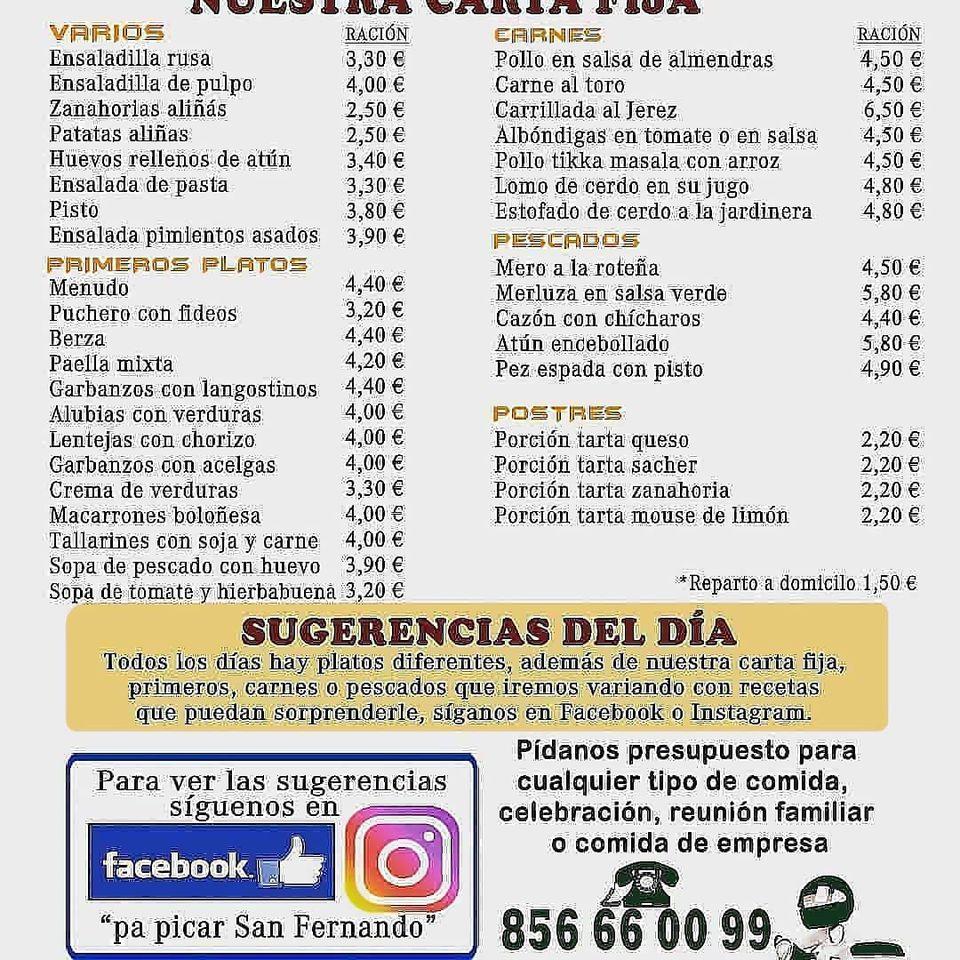 Carta del restaurante Comida para llevar Pa´ Picar, San Fernando