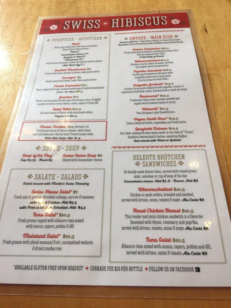 Menu at Swiss Hibiscus restaurant, Portland