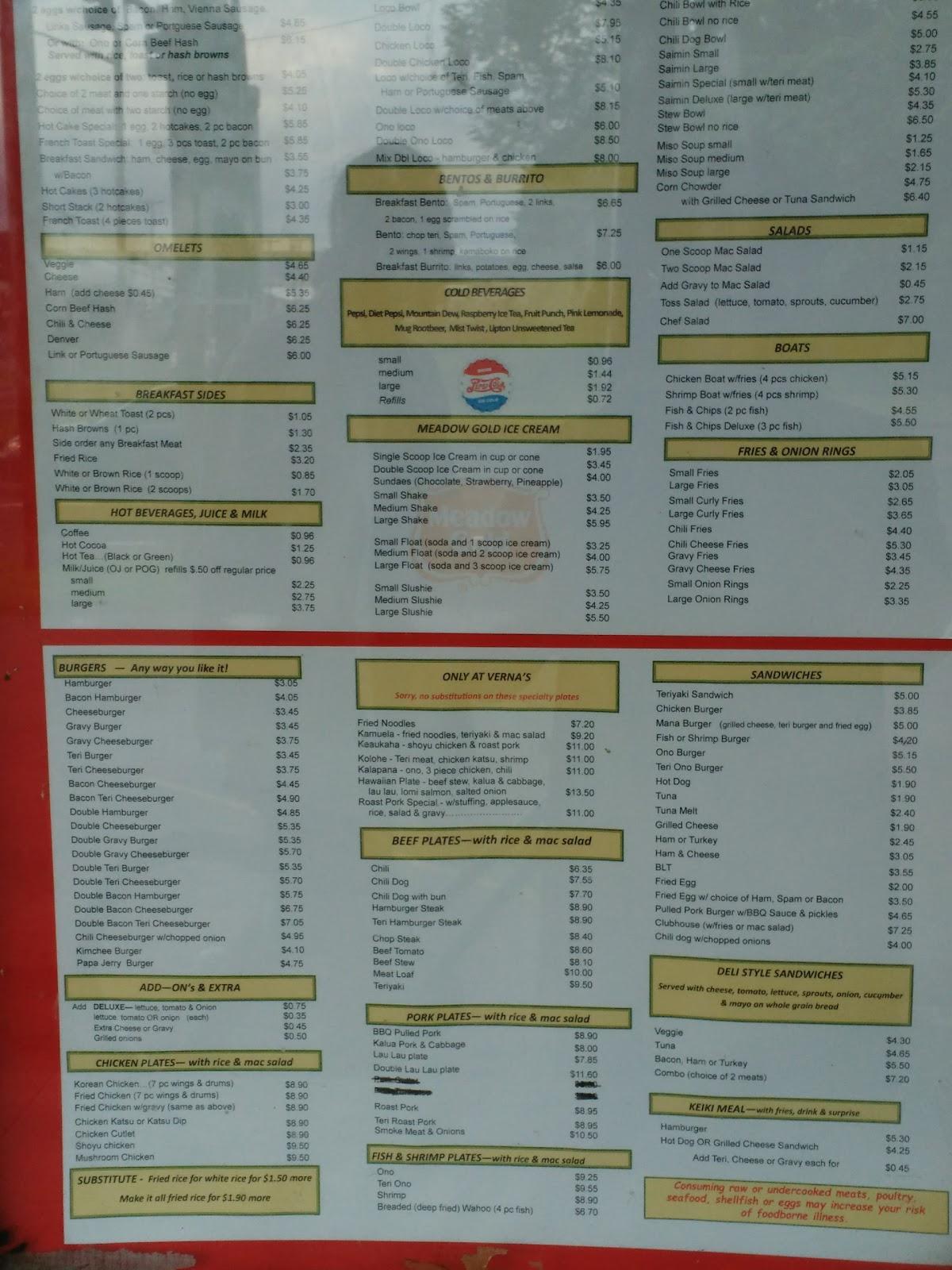 Menu at Verna's Drive In restaurant, Hilo
