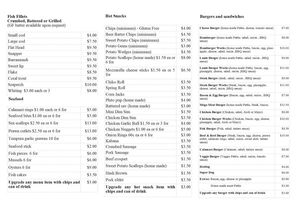 Menu at Blue Ocean takeaway restaurant, Alexandra Hills
