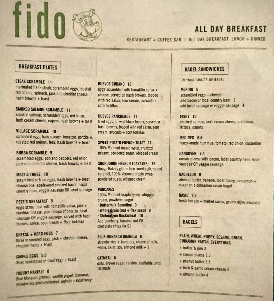 Menu at Fido cafe, Nashville