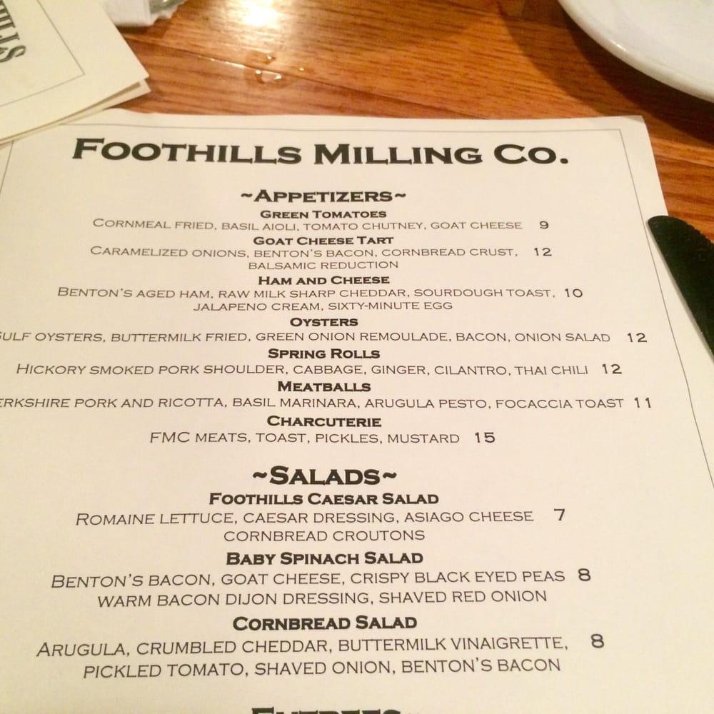 Menu at Foothills Milling Co restaurant, Maryville