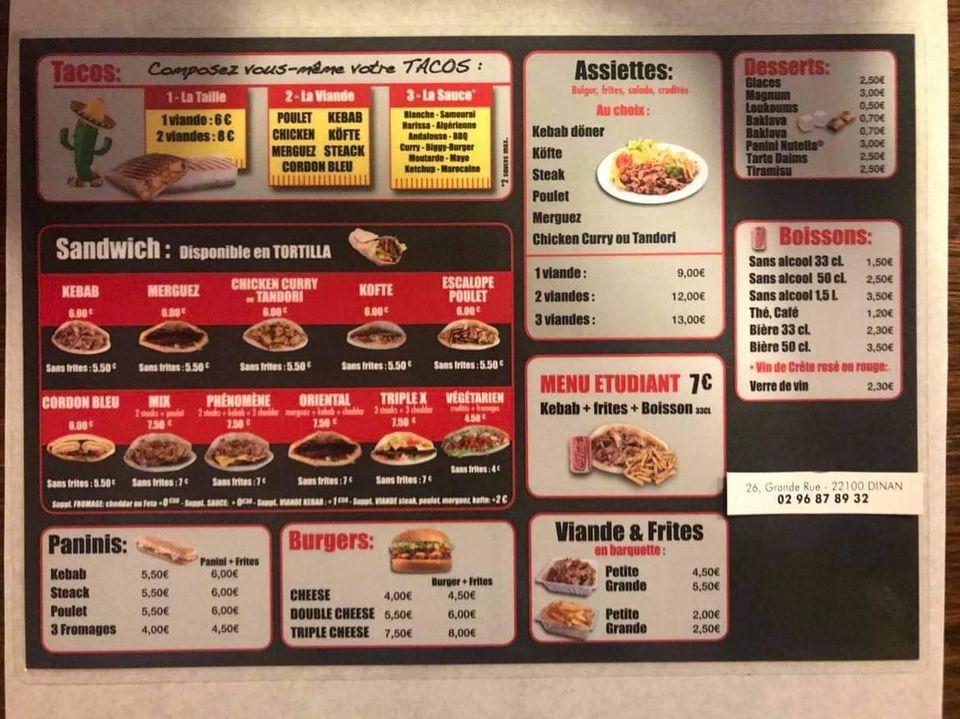 Menu au Istanbul kebab fast food, Dinan