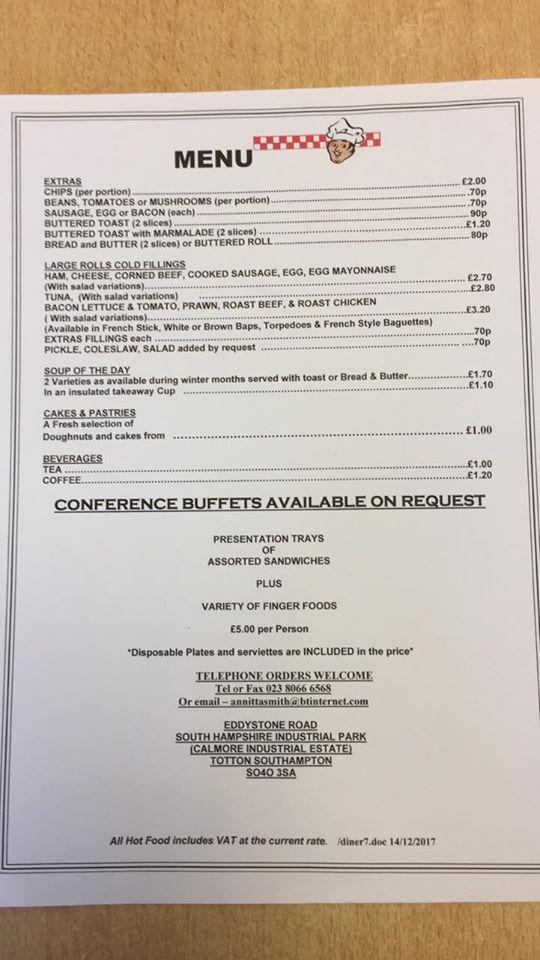 Menu at Mo's Diner fast food, Southampton