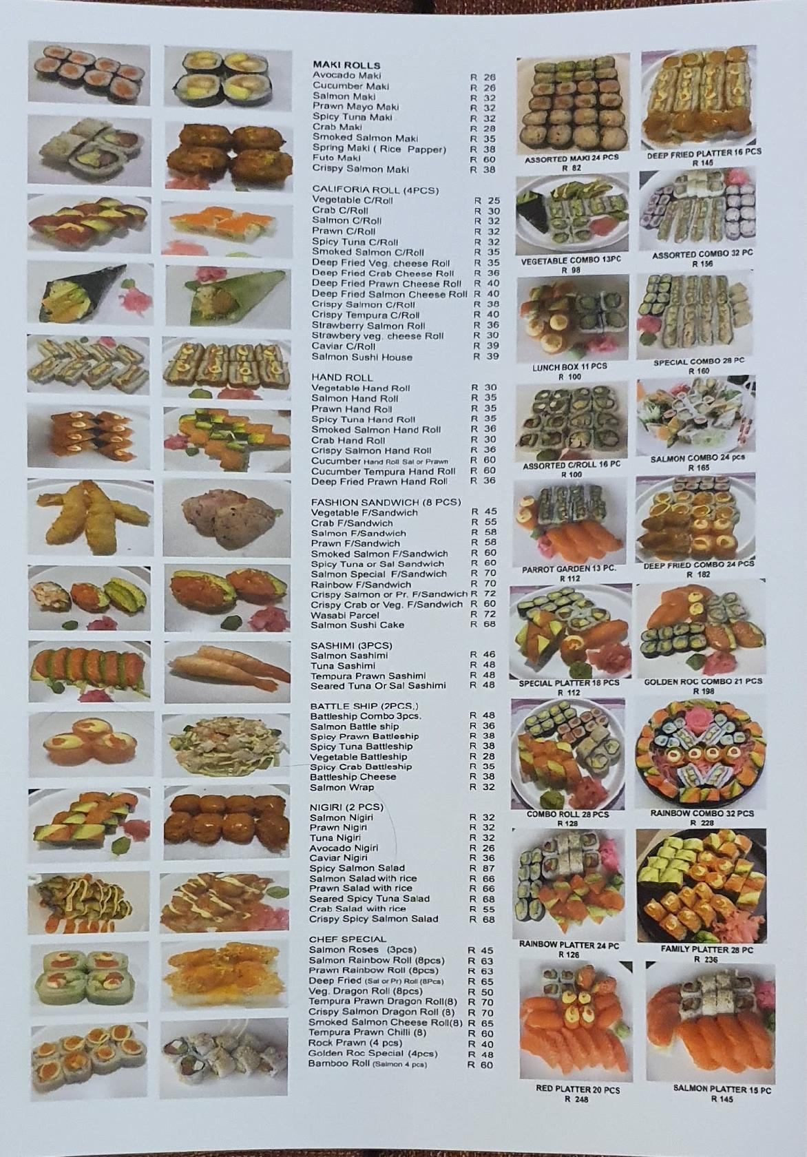 Menu at AA Sushi restaurant, Centurion