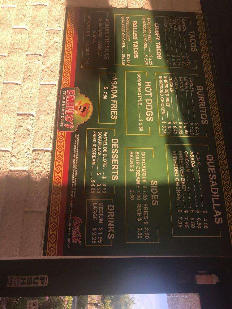 Menu at Emilio’s Tacos & Hotdogs restaurant, Phoenix