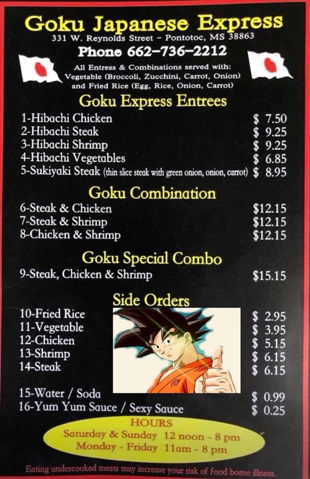 Menu at Goku Japanese Express restaurant, Pontotoc