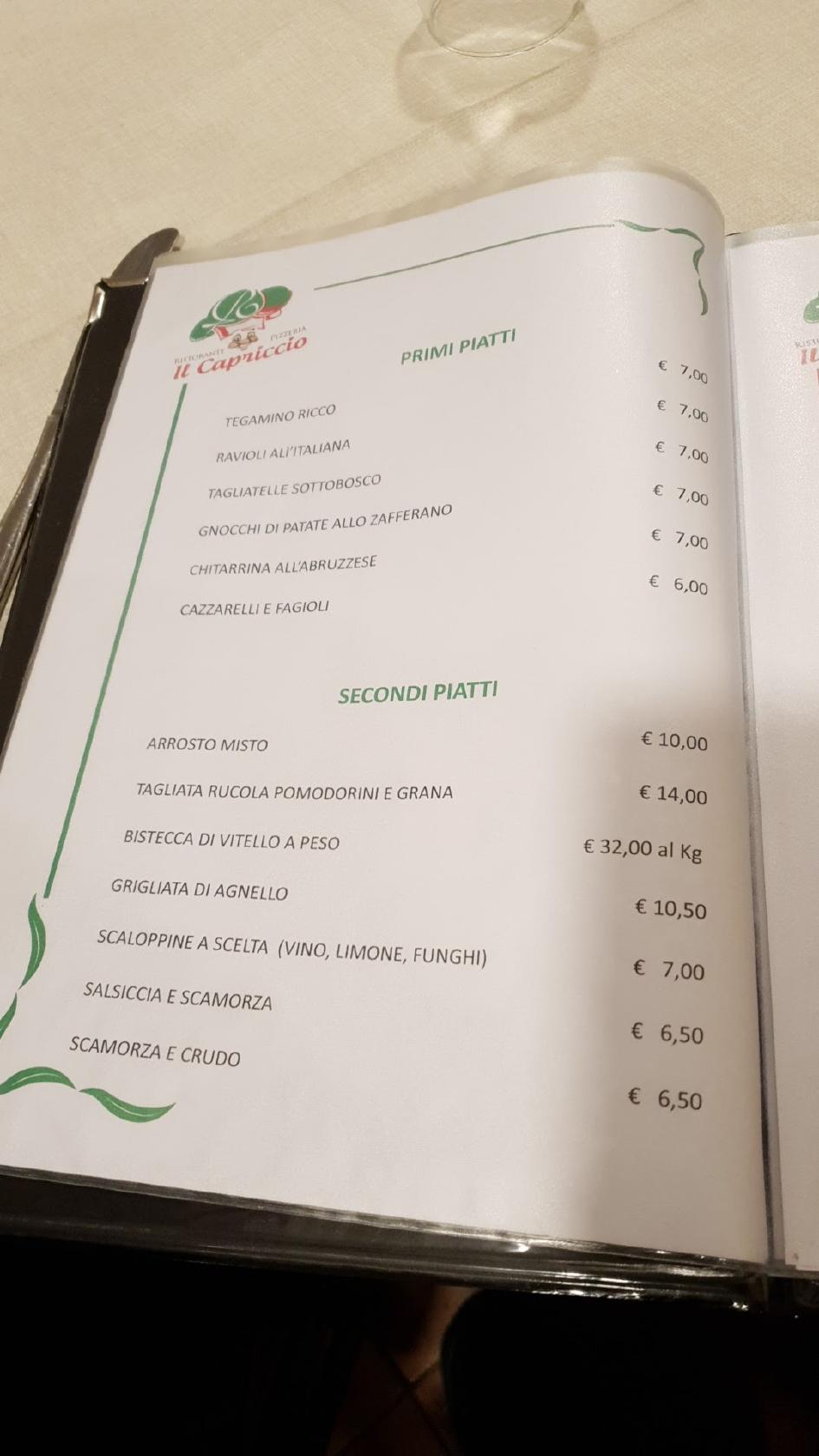 Menu da Il Capriccio ristorante, Castel di Sangro