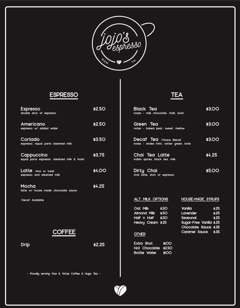 Menu at JoJo’s Espresso, Memphis