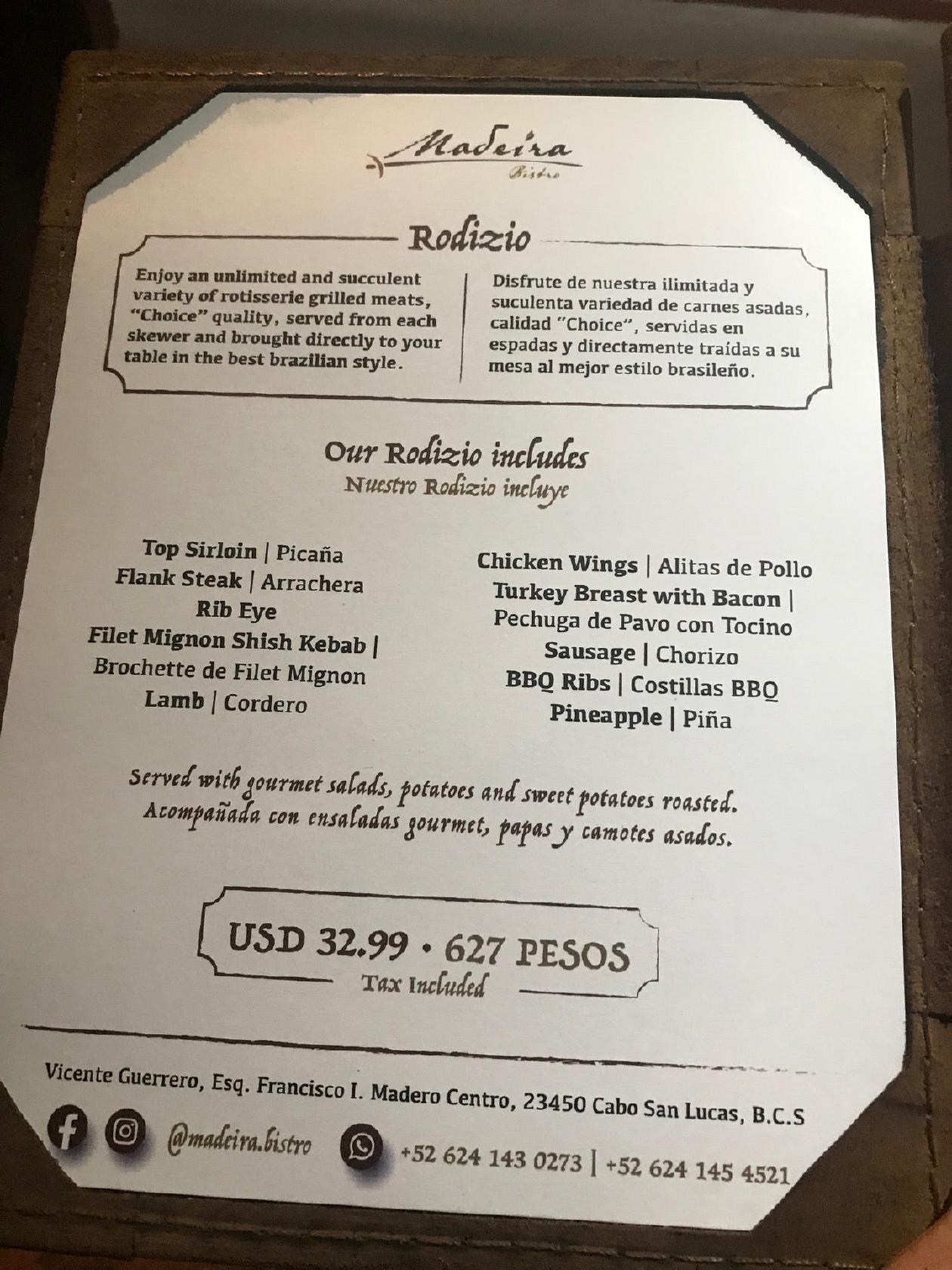 Menu at Madeira Bistro Brazilian Steakhouse, Cabo San Lucas