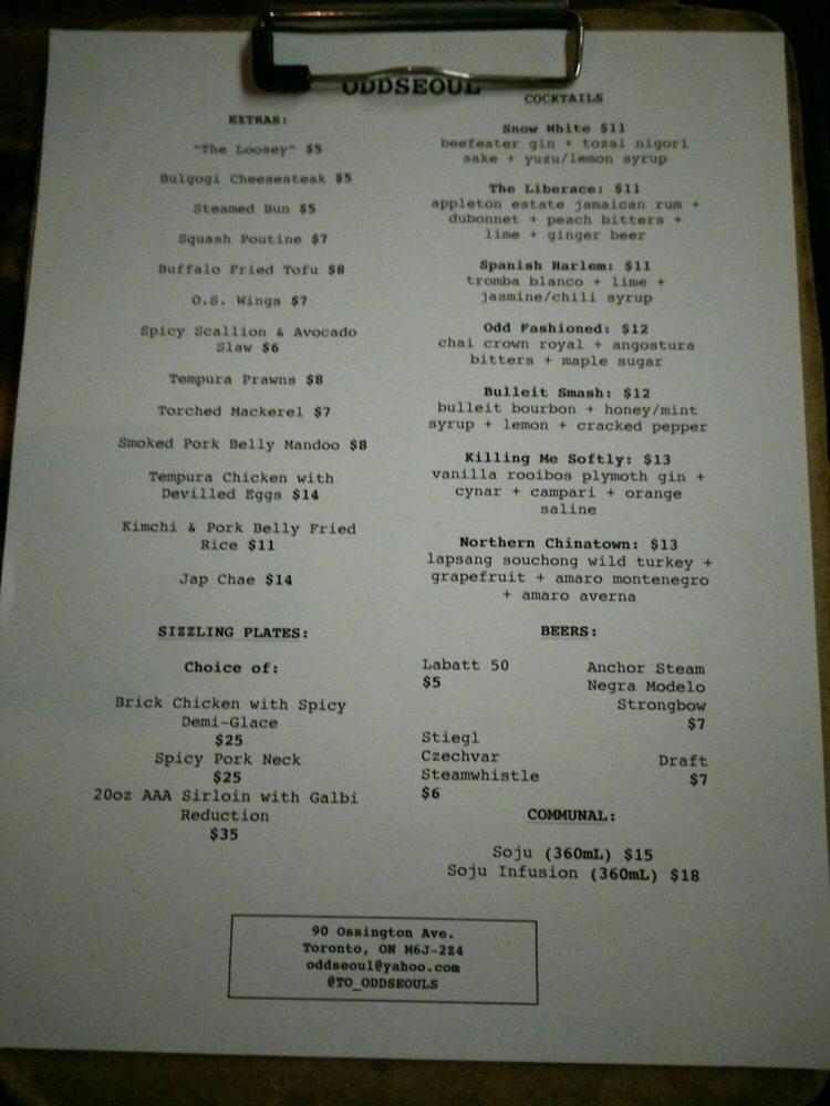 Menu at ODDSEOUL pub & bar, Toronto
