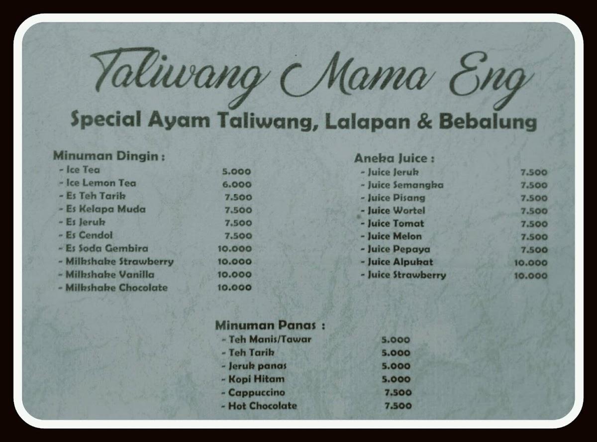 Menu at Taliwang Mama Eng restaurant, Mataram