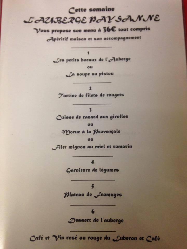 Menu au Auberge La Table Paysanne restaurant, Robion