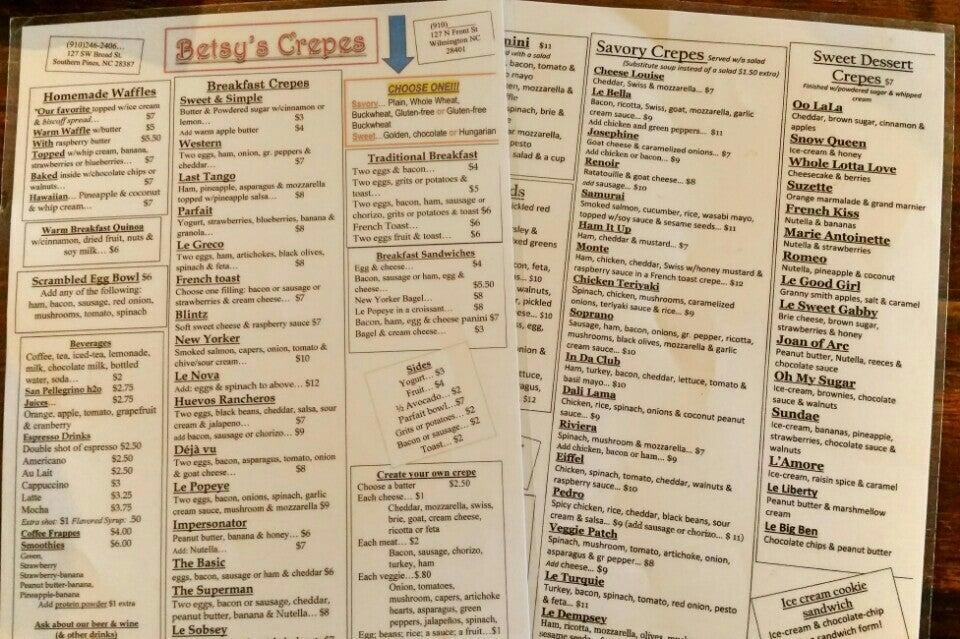 Menu at Betsy's Crepes restaurant, Southern Pines