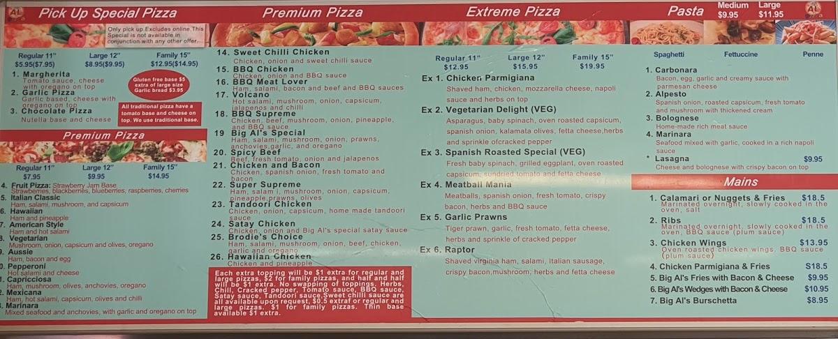 Menu at Big Al's Pizza pizzeria, Boronia